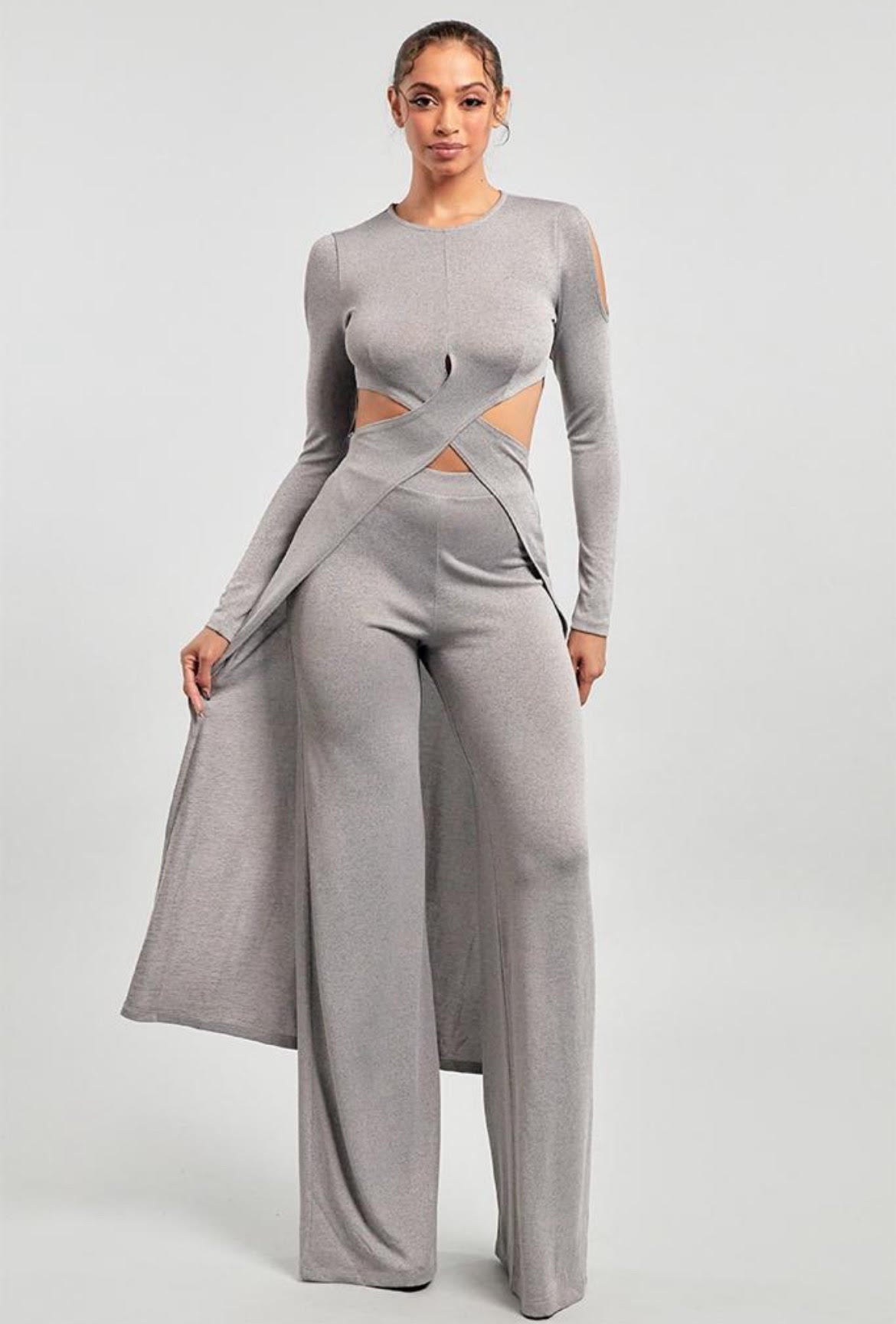 2 PC long cries cross cur out top, wide leg pants